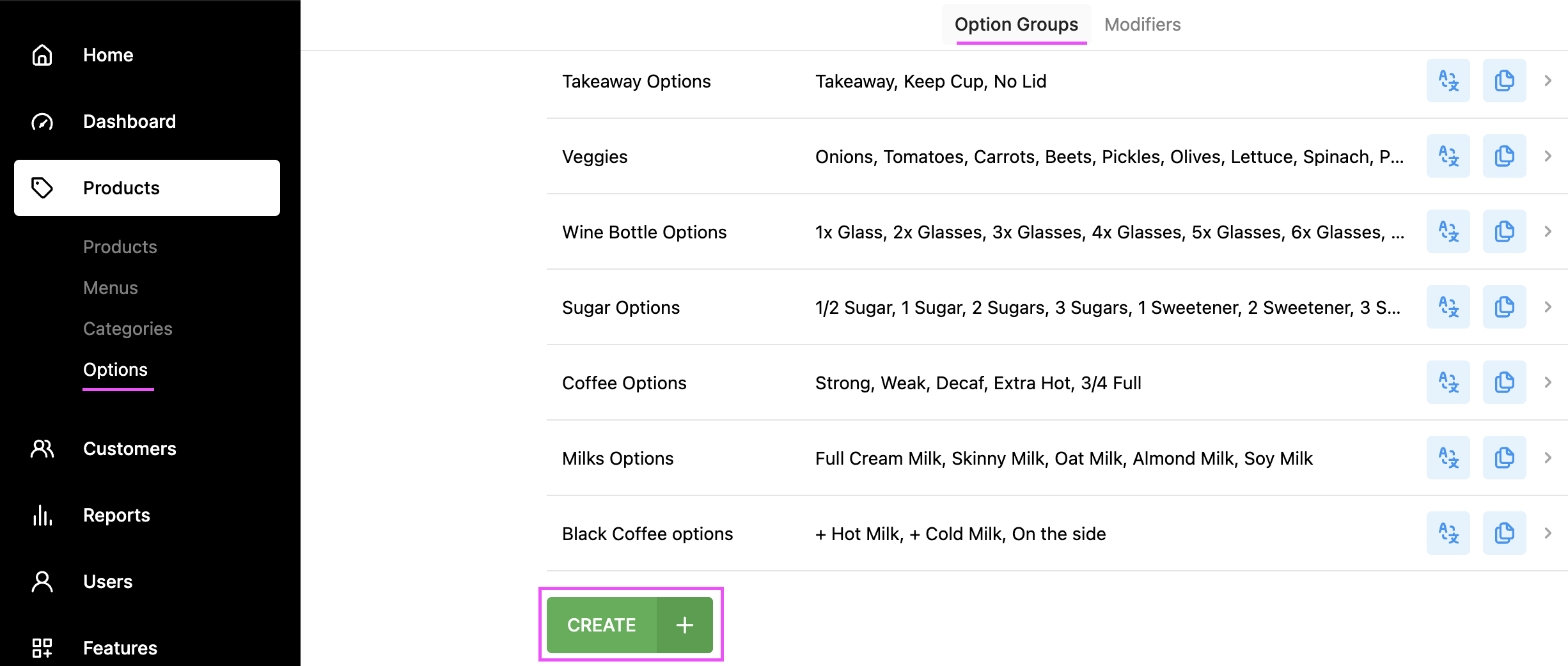 Create Option Groups / Modifiers